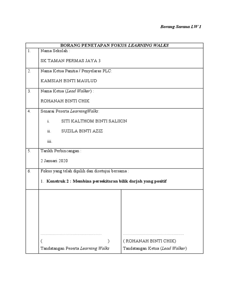 Borang - Learning - Walks Keceriaan Kelas 1 | PDF