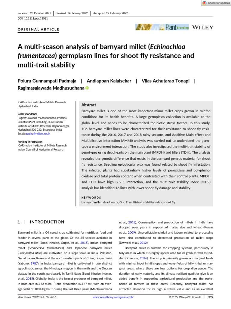 Plant Breeding - 2022 - Padmaja - A Multi Season Analysis of Barnyard Millet Echinochloa ...