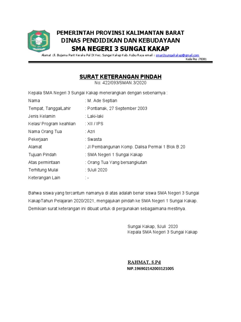 Surat Mutasi Siswa | PDF