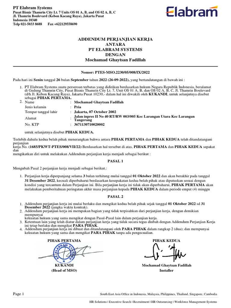 Addendum Perjanjian Kerja Antara PT Elabram Systems Dengan Mochamad Ghaytsan Fadillah | PDF