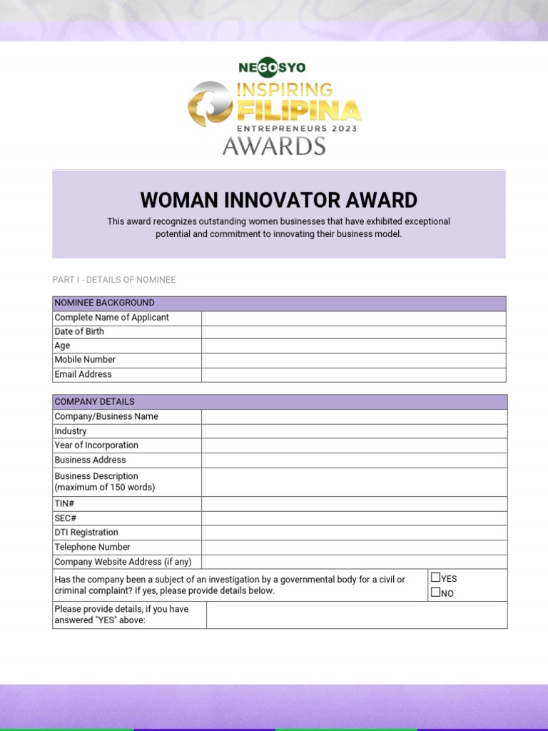 Application Form - WOMAN INNOVATOR AWARD | PDF | Entrepreneurship | Business