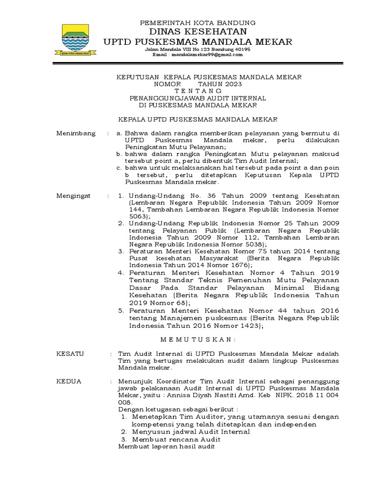SK Penanggung Jawab Audit Internal PKM Mandala Mekar | PDF