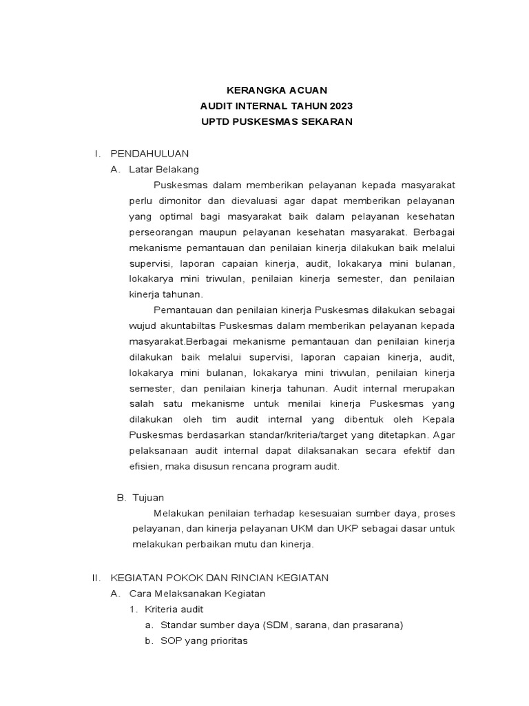 KERANGKA ACUAN Audit Internal 2023 | PDF