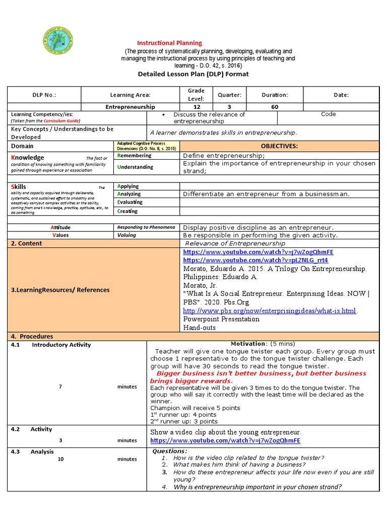 Planning for Entrepreneurial Success: A Detailed Lesson Plan on ...
