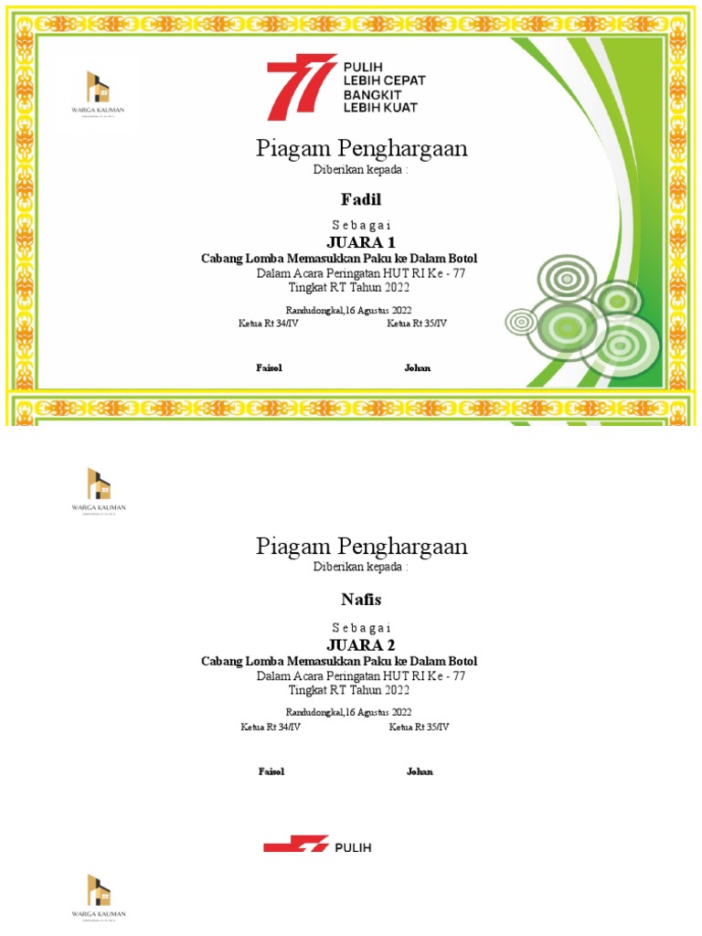 Piagam Penghargaan Lomba HUT RI Ke-77 | PDF