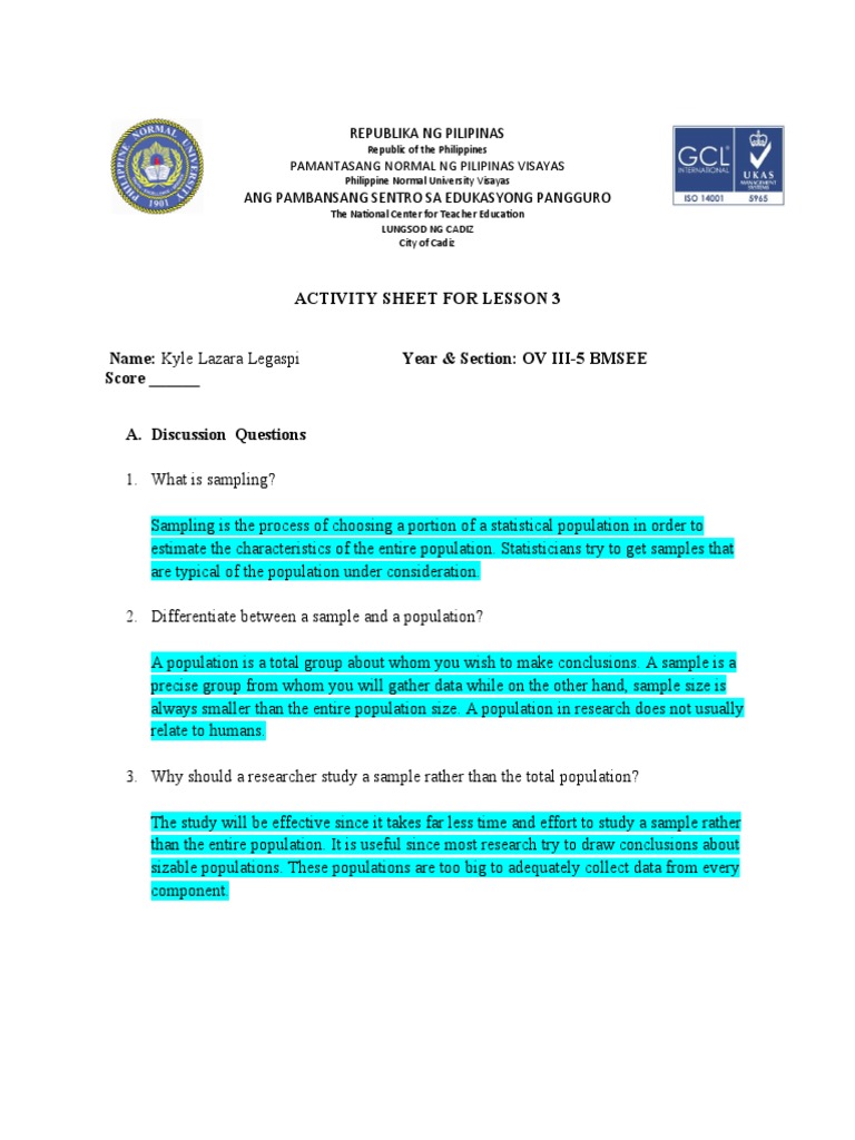 Activity Sheet Lesson 3 | PDF | Sampling (Statistics) | Statistical Theory