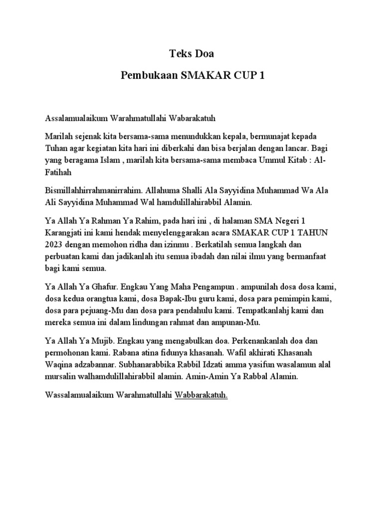 Doa Pembukaan SMAKAR CUP 1 | PDF | Agama & Spiritualitas