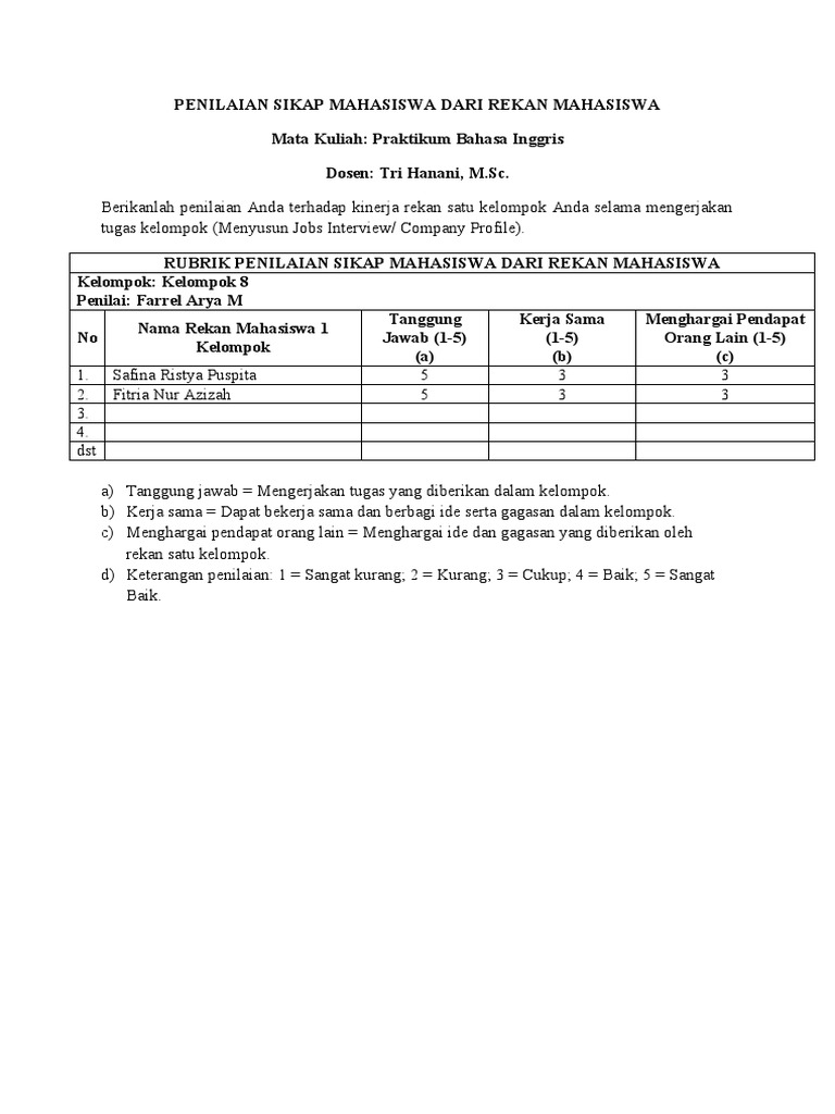 Pbi - Form Penilaian Sikap Mahasiswa Dari Rekan Mahasiswa | PDF