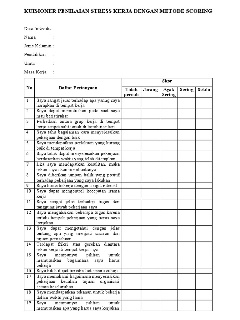 KUISIONER PENILAIAN STRESS KERJA DENGAN METODE SCORING | PDF KUISIONER PENILAIAN STRESS KERJA DENGAN METODE SCORING | PDF