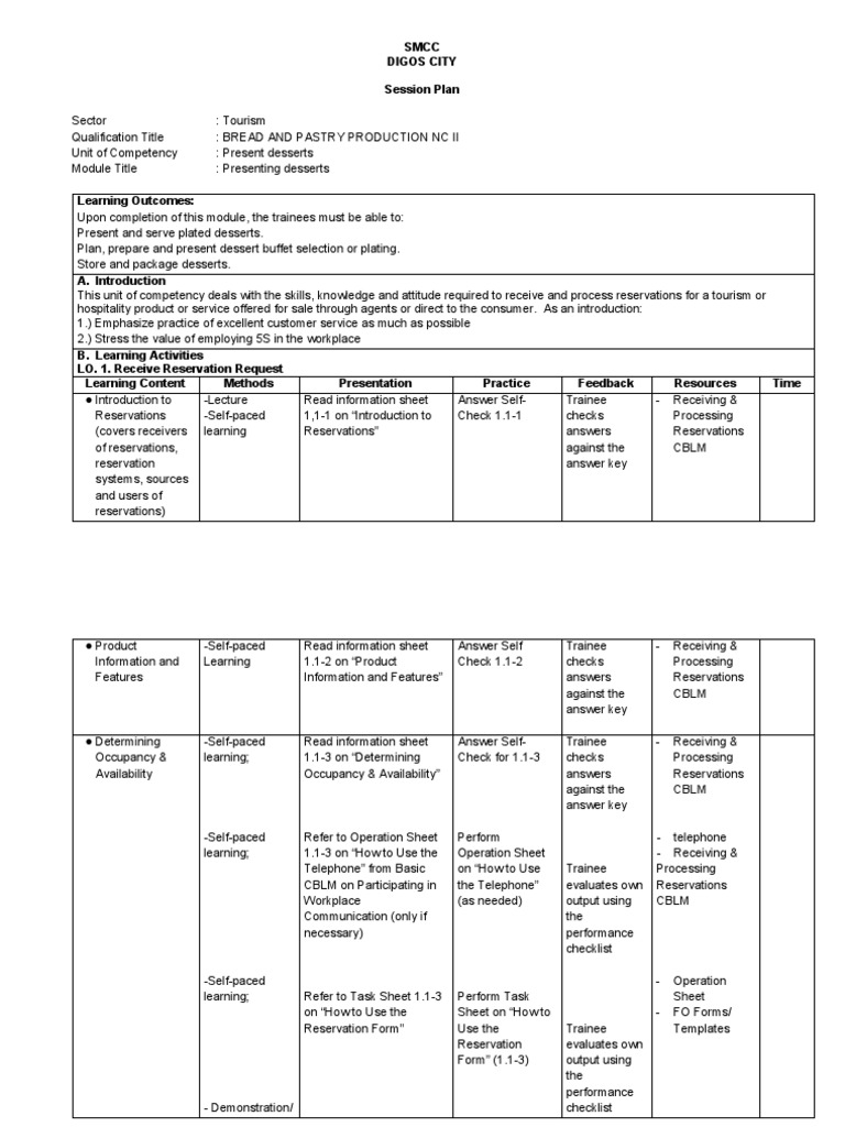 03 Sample Session Plan FOS NC II 1 | PDF | Information | Business