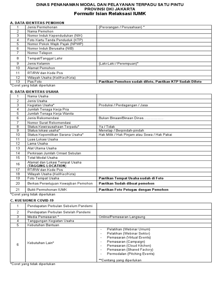 Formulir Relaksasi IUMK DKI Jakarta | PDF | Bisnis | Pengelolaan ...