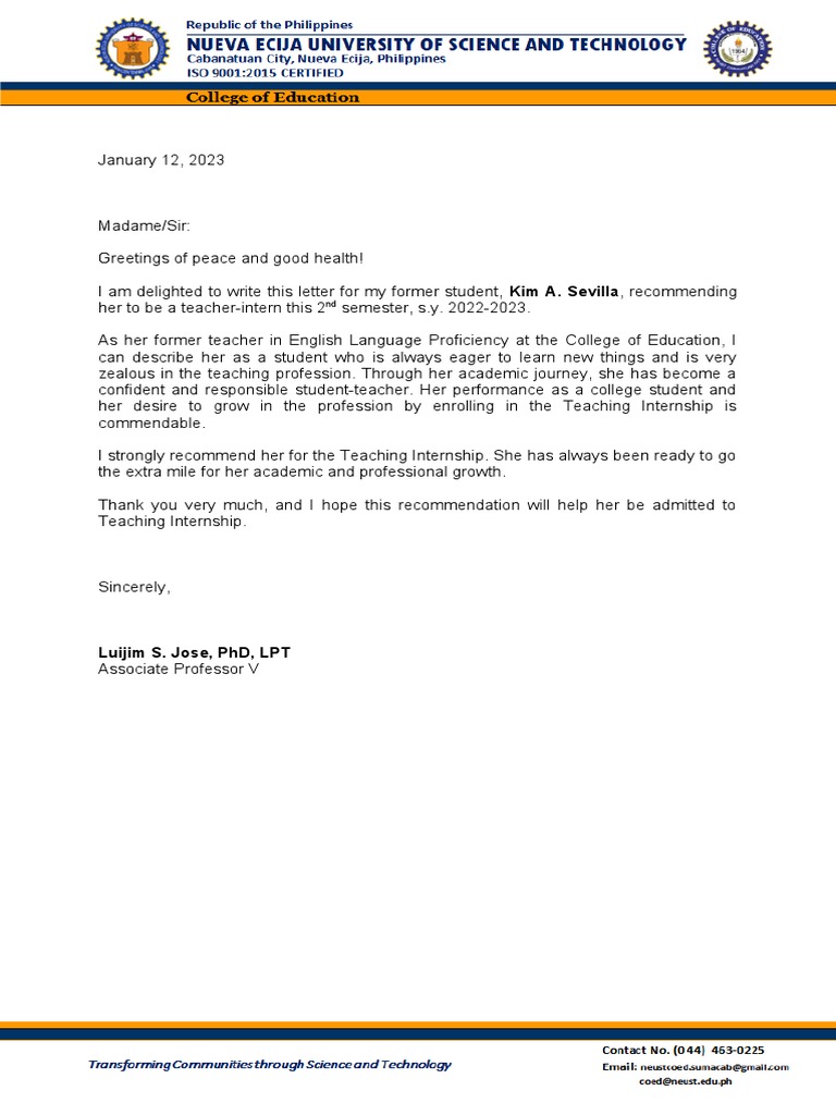 Recommendation Letter For Teaching Internship | PDF