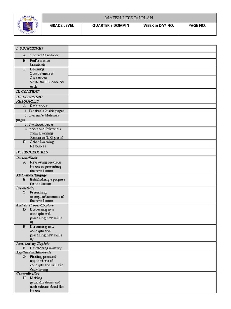 Mapeh Lesson Plan Template | PDF