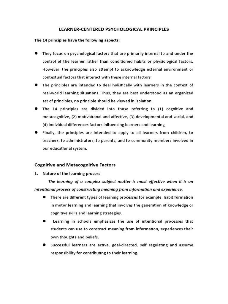 Learner-Centered Psychological Principles | PDF | Learning | Motivational