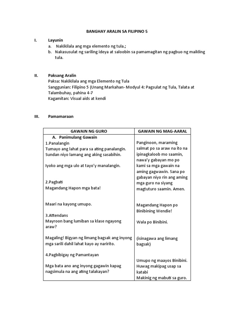 Banghay Aralin Sa Filipino 5 | PDF