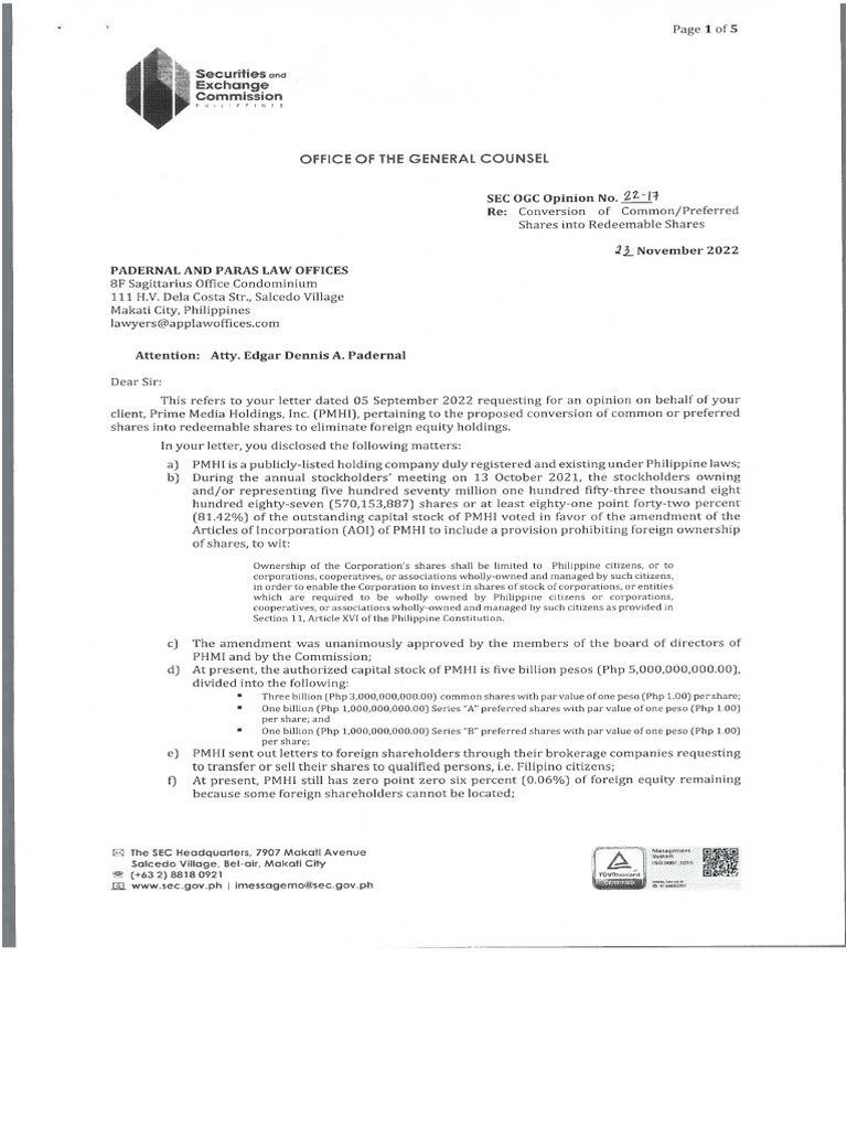 2023opinion - SEC OGC OPINION NO. 22 17 - NOV 23 2022 | PDF