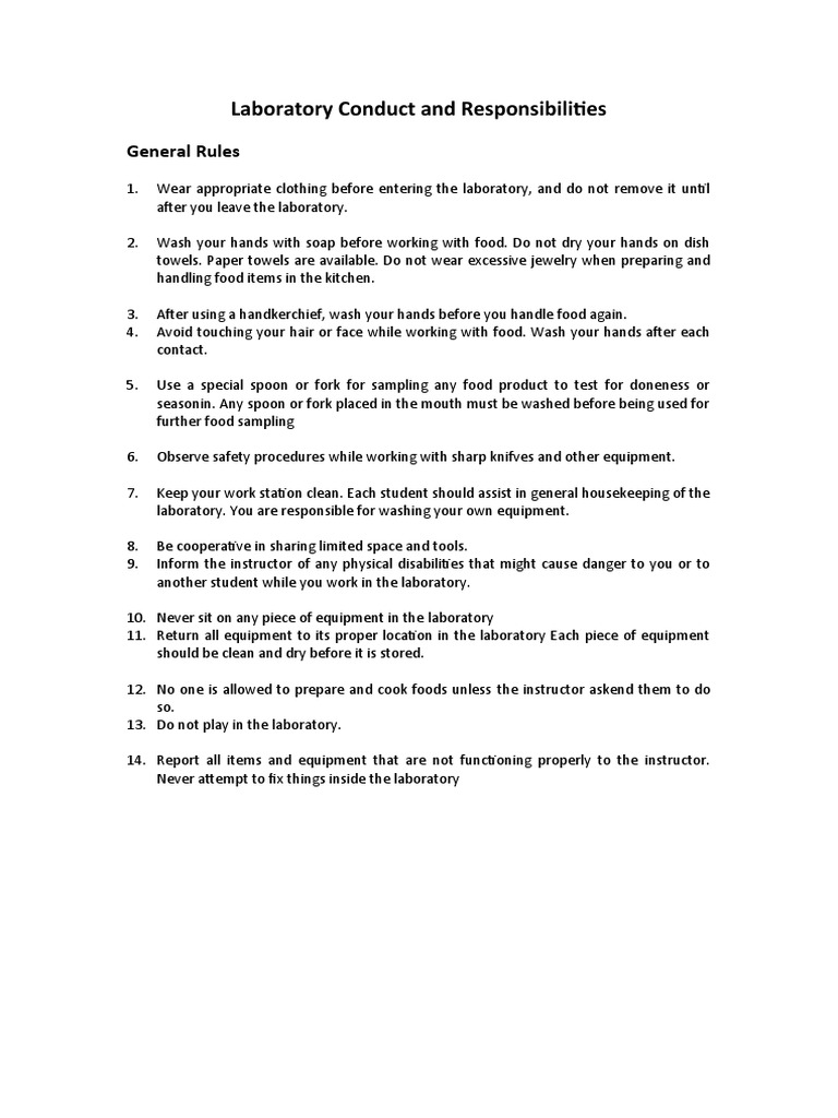 Laboratory Conduct and Responsibilities | PDF | Wellness