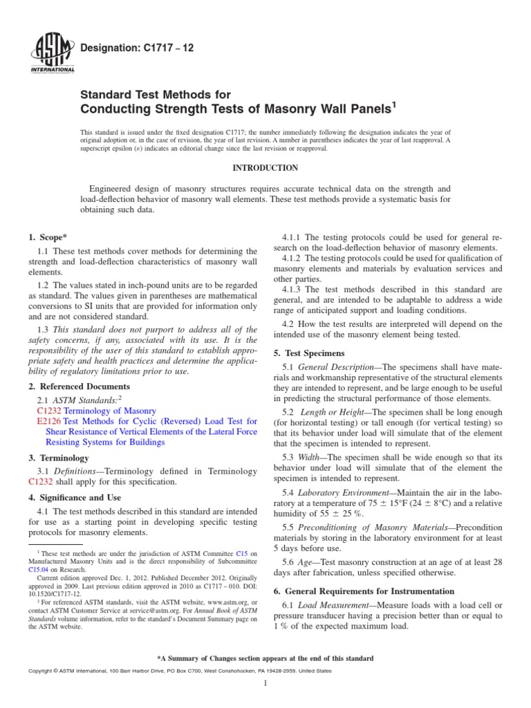 Conducting Strength Tests of Masonry Wall Panels: Standard Test Methods ...