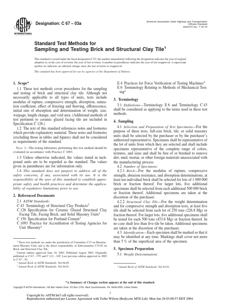 Sampling and Testing Brick and Structural Clay Tile: Standard Test ...