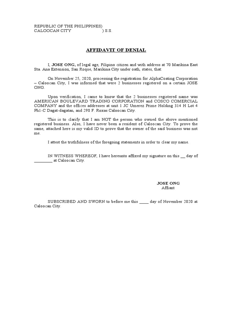 Affidavit of Denial by Jose Ong | PDF | Law