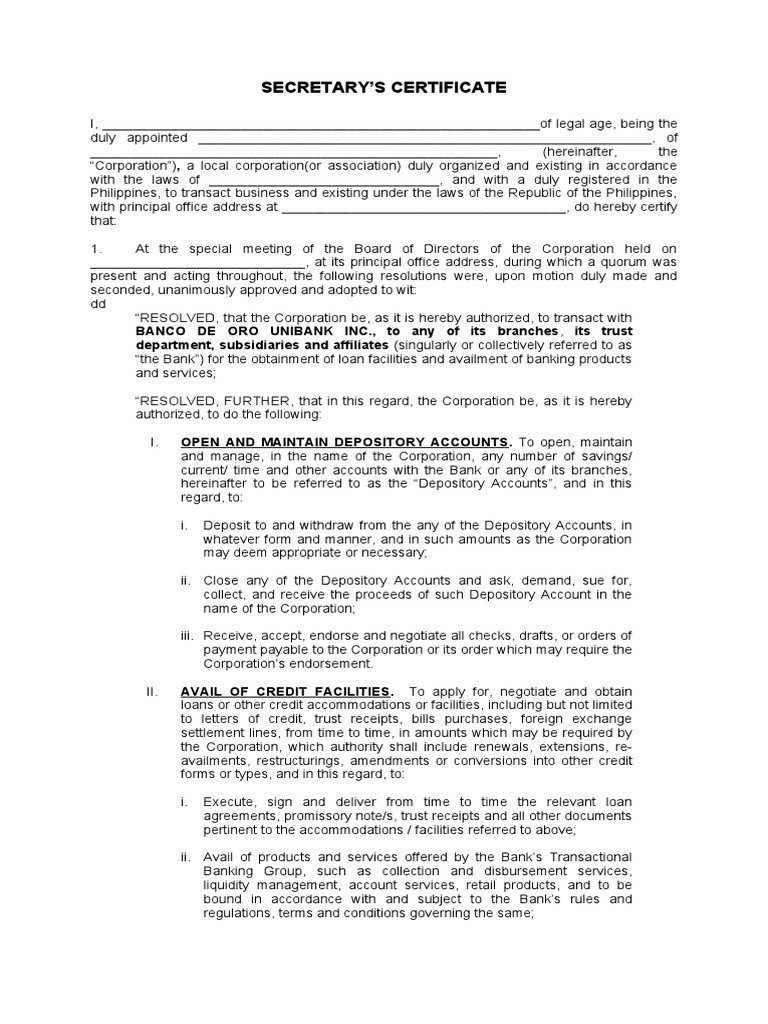 Secretary's Certificate General Format V 2 | PDF | Banks | Mortgage Loan