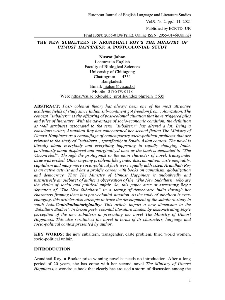 The New Subaltern in Arundhati Roy's The Ministry of Utmost Happiness ...