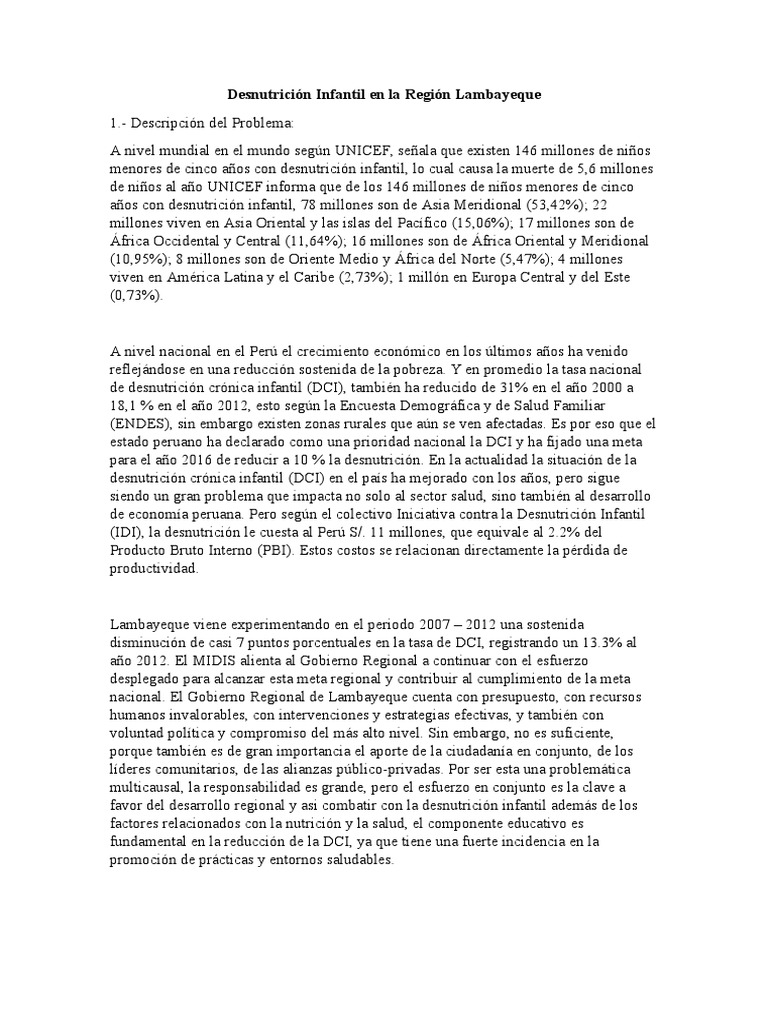 Desnutrición Infantil En La Región Lambayeque Pdf Perú Unicef