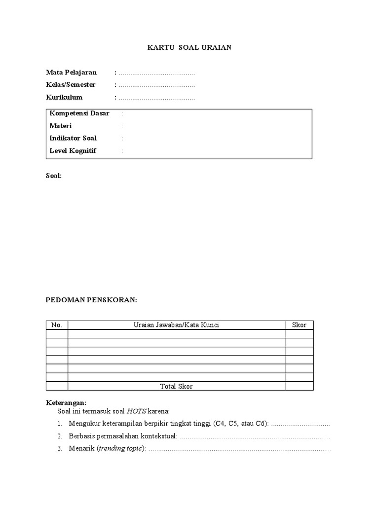 Lampiran 5. KARTU SOAL URAIAN | PDF