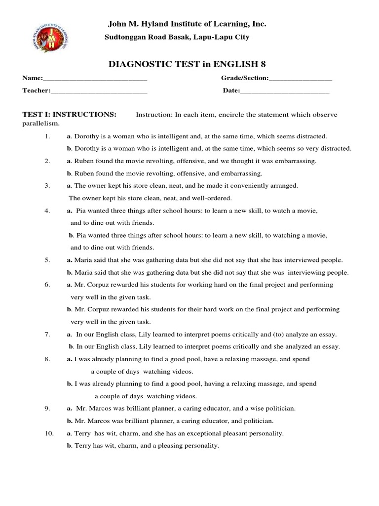 Grade 8 English Diagnostic Test | PDF
