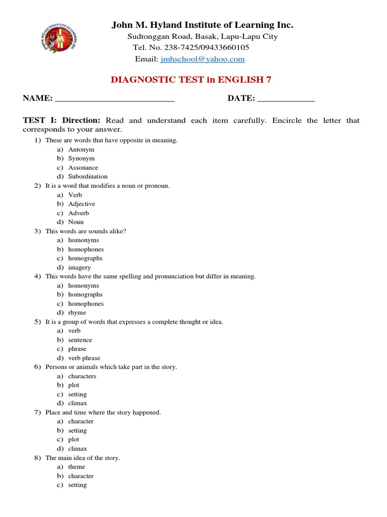 Diagnostic Test In English 7 Pdf English Language Verb