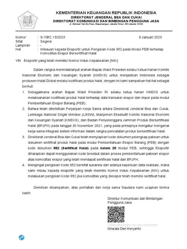 Imbauan kepada Eksportir untuk Pengisian Kode 952 pada Modul PEB ...