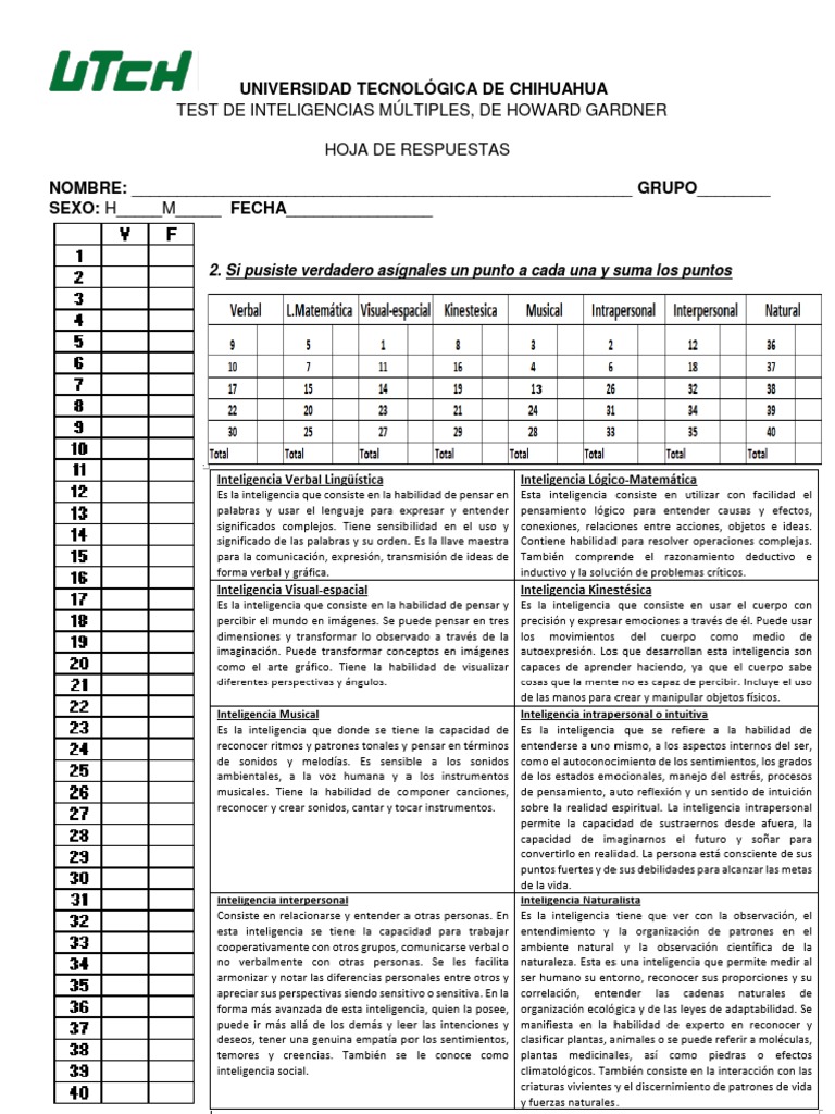 Hoja de Respuestas Inteligencias Múltiples | PDF