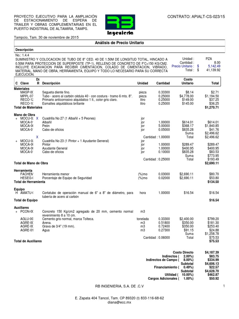 Análisis de Precio Unitario (Conceptos Adicionales) | PDF | Materiales de construcción | Materiales