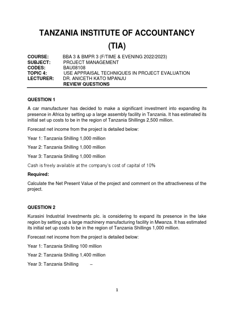 Topic 4-Use Appraisal Techniques in Project Evaluation - Review ...