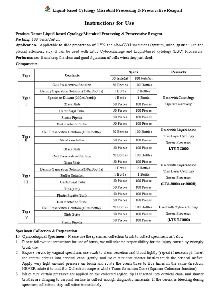 Liquid-Based Cytology Test IFU | PDF | Cytopathology | Centrifuge