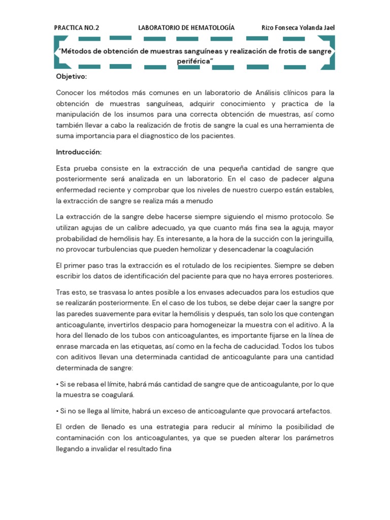 PRACTICA NO2 Métodos de Obtención de Muestras Sanguíneas y Realización de Frotis de Sangre ...
