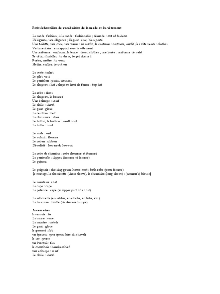 Vocabulaire essentiel de la mode | PDF | Vêtements | Apparance humaine