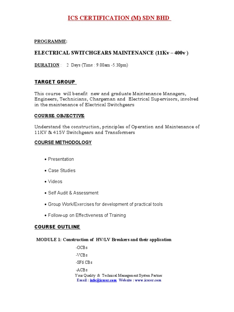Electrical Switchgears Maintenance (11KV-400V) - 2 Days | PDF | Relay ...