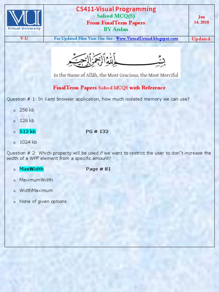 Cs411 Finalterm Mcqs With Reference Solved By Arslan Pdf Ajax Programming J Query