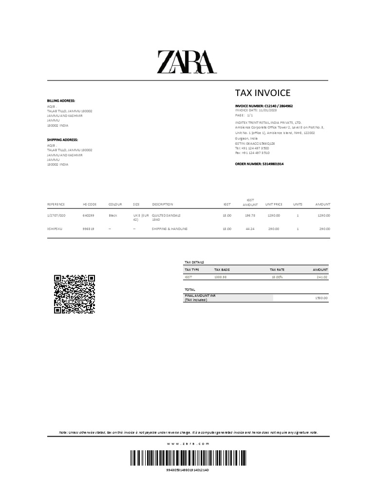 An Invoice Detailing a Shipment of Quilted Sandals from Zara with ...