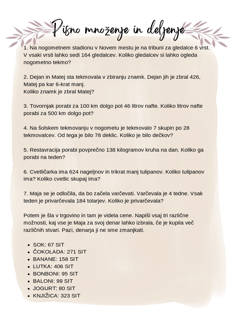 Pisno Množenje in Deljenje | PDF