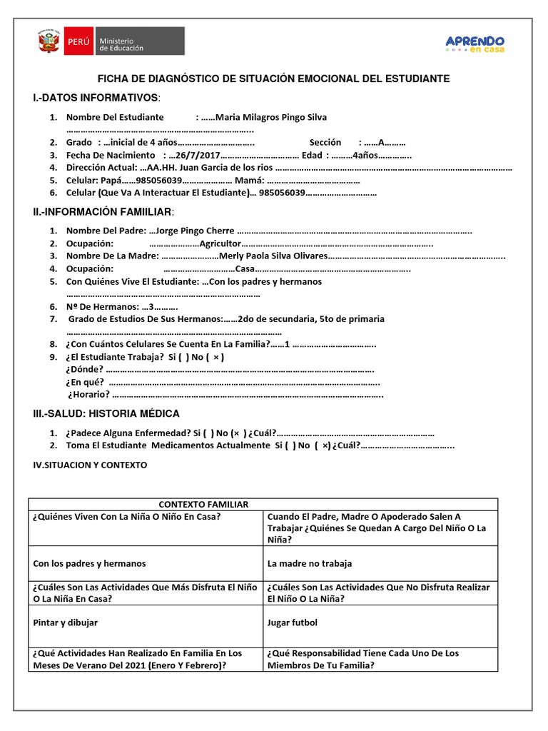 Inicial - Ficha de Diagnóstico de Situación Emocional Del Estudiante-Mila | PDF
