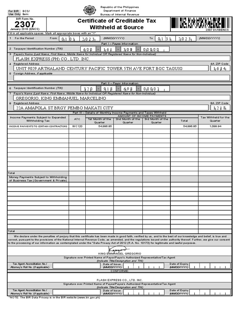 2307 012023 Flash | PDF | Value Added Tax | Corporate Tax