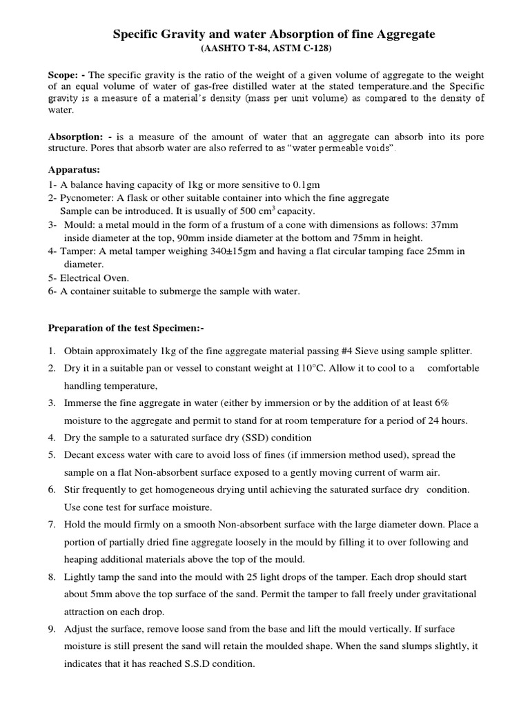 Specific Gravity of Fine Aggregate Testing | PDF | Mass | Materials