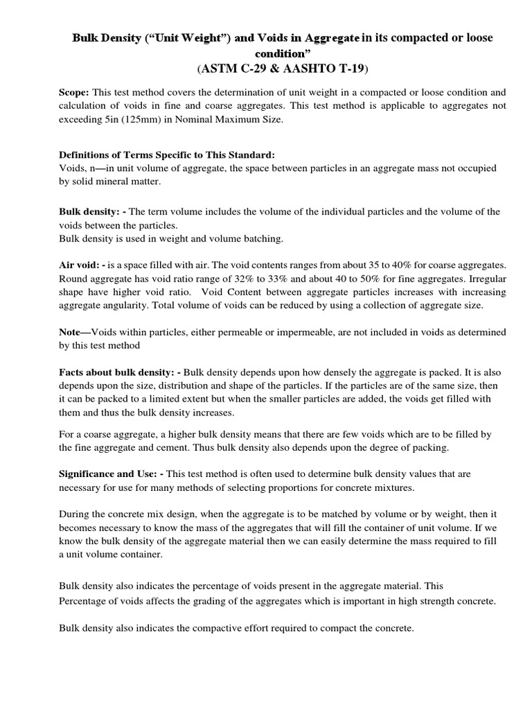 Unit Weight of Aggregate ASTM C 29 | Download Free PDF | Density | Concrete