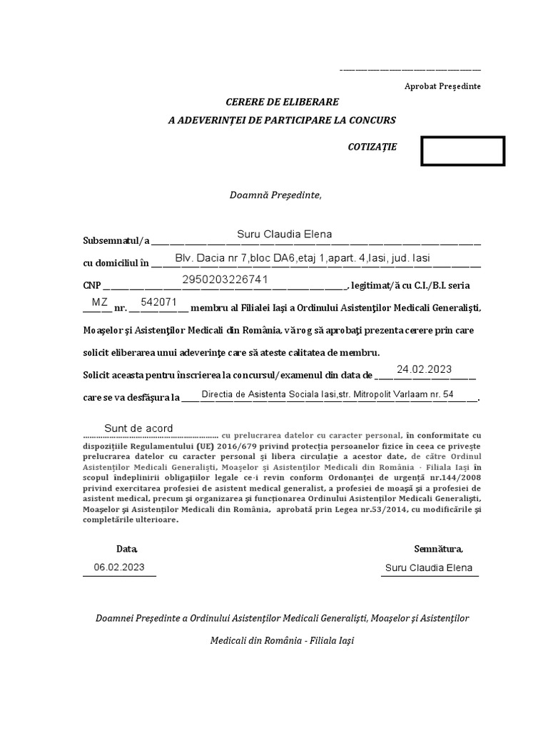 03 Cerere de Eliberare Adeverinta de Concurs | PDF