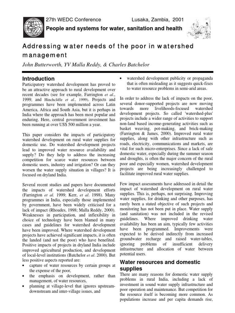 Addressing Water Needs of The Poor in Watershed Management: John ...