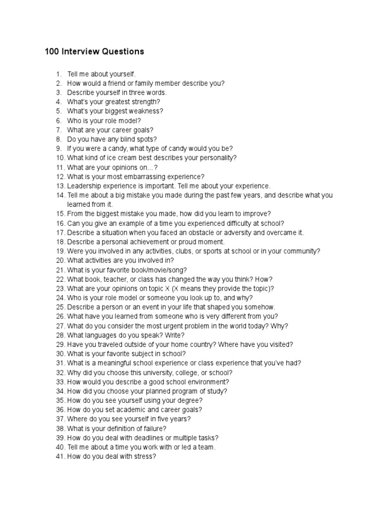 100 Interview Questions | Download Free PDF | Experience | Communication