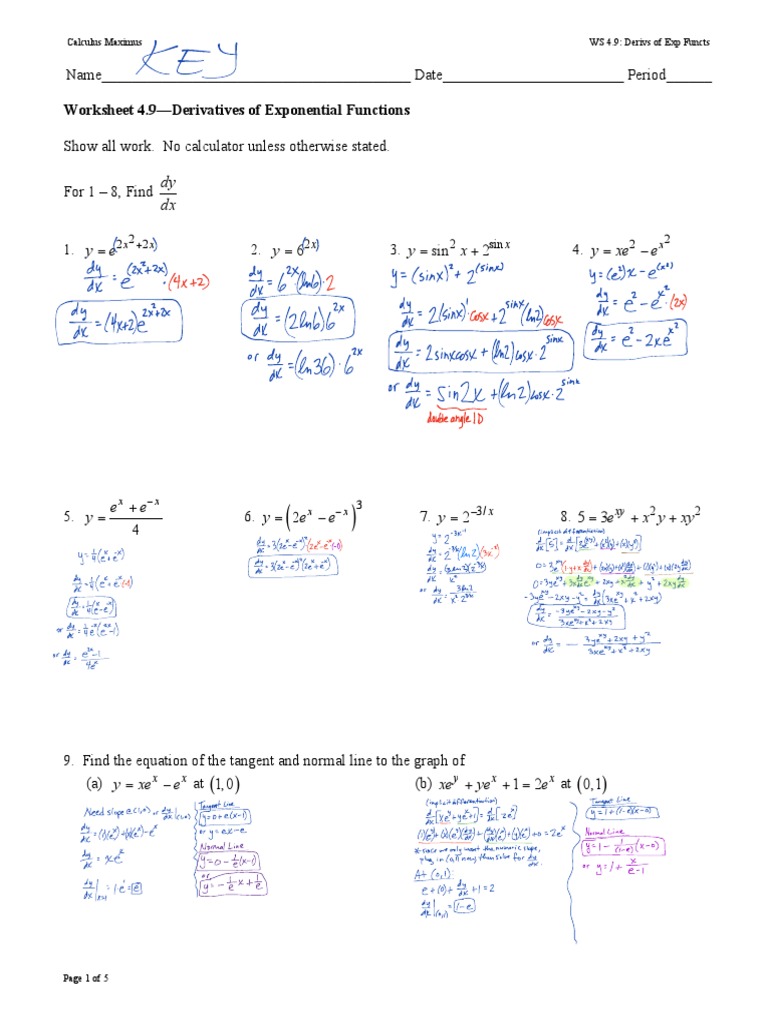 WS 02.9 Derivatives of Exp Functs KEY | PDF | Exponential Function ...