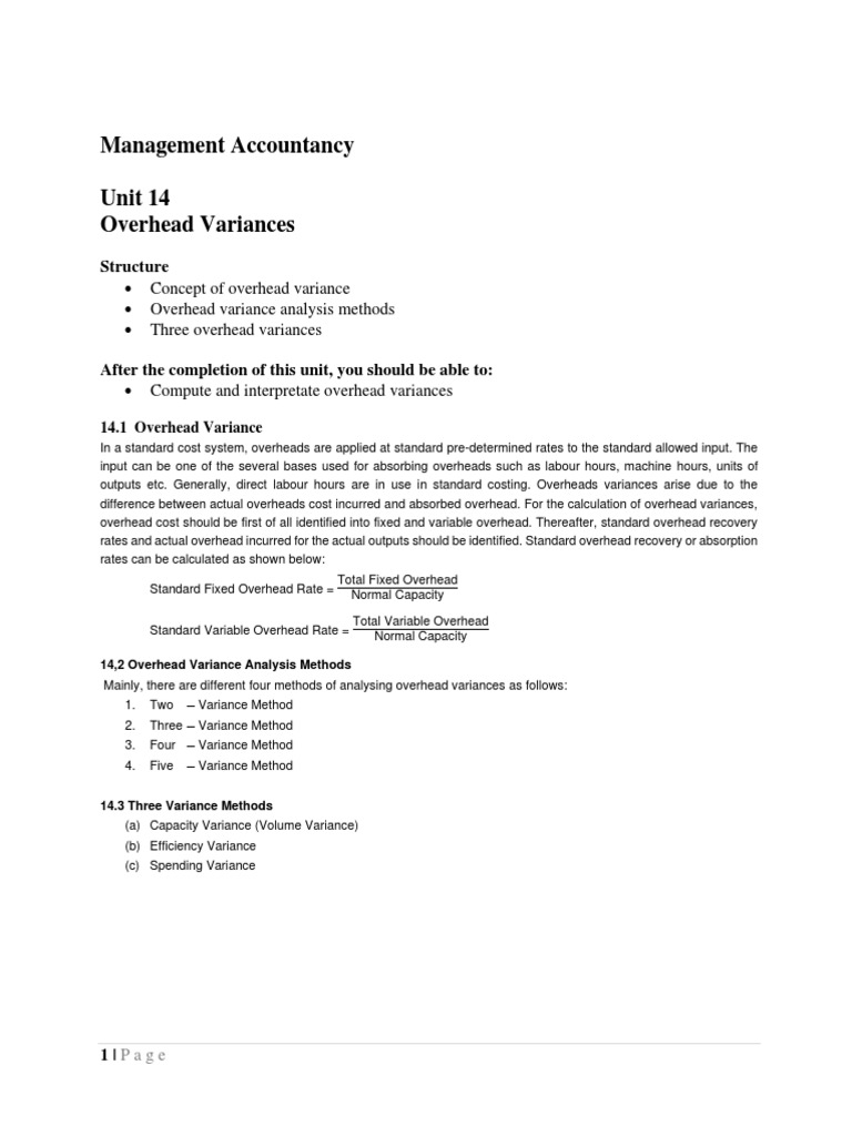 Unit 14 Overhead Variances | PDF | Variance | Cost